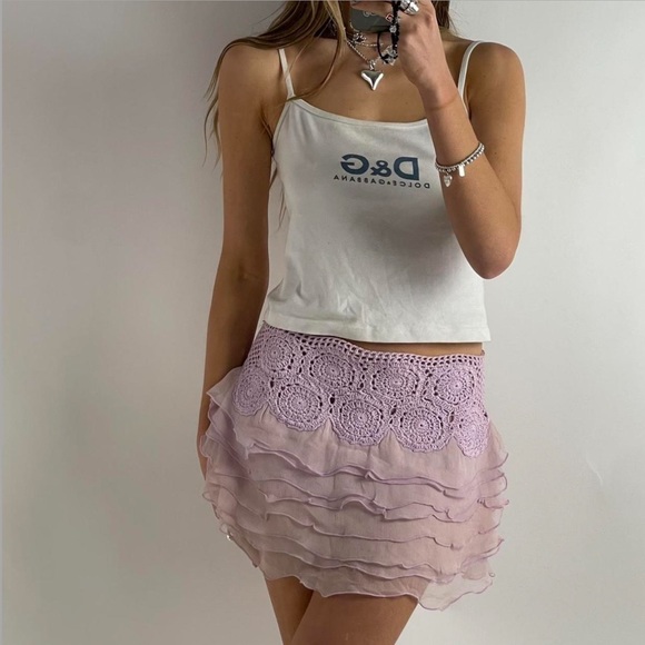 Skirts | Vintage Pink Lilac Fairy Silk Ruffle Crochet Skirt | Poshmark